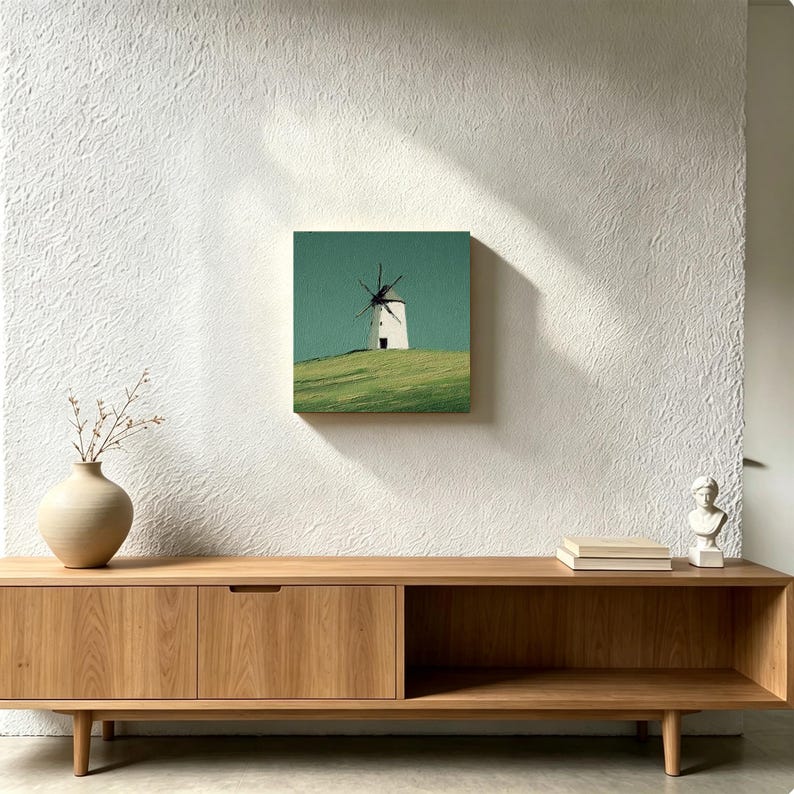 Field Windmill Landscape Original Mini Oil Painting, Spring Windmill ...