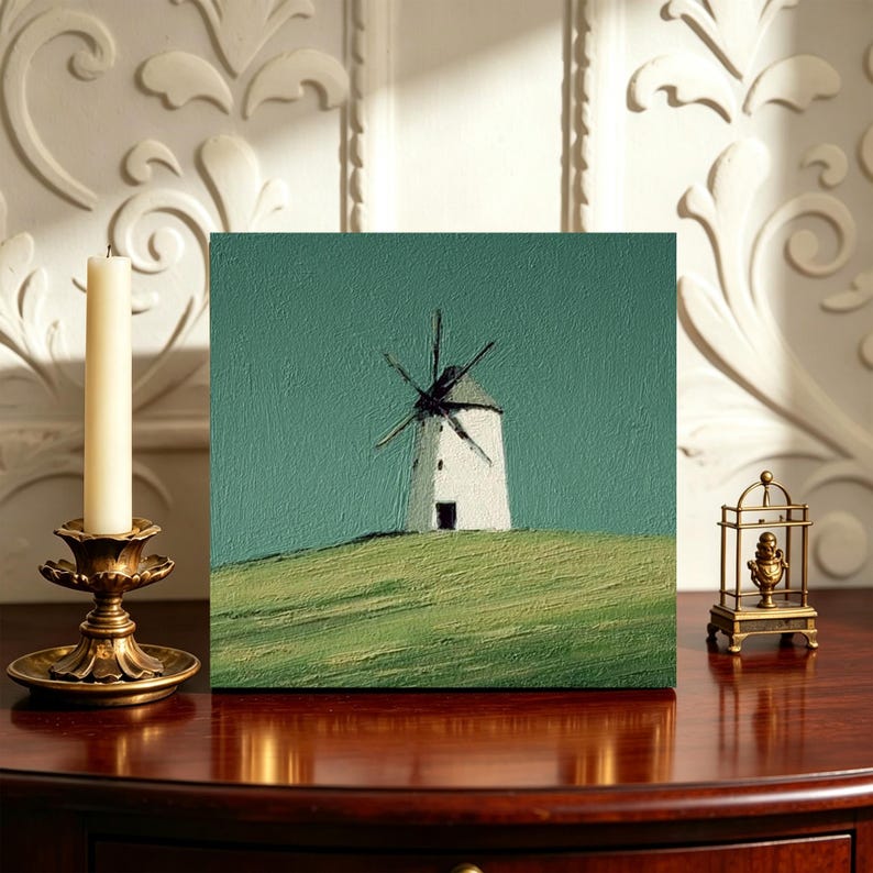 Field Windmill Landscape Original Mini Oil Painting, Spring Windmill ...