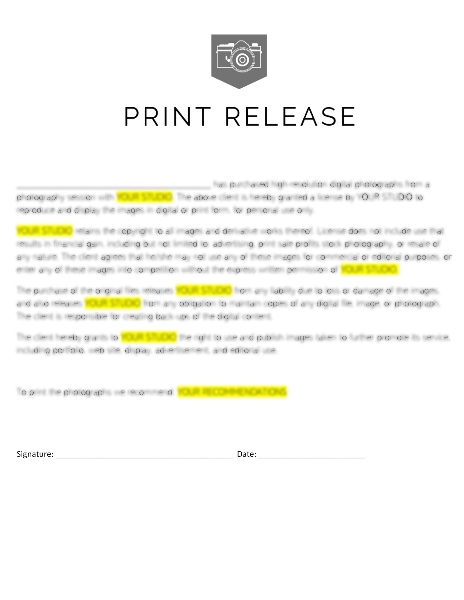 Photography Print Release Template, Photographer Form Template ...