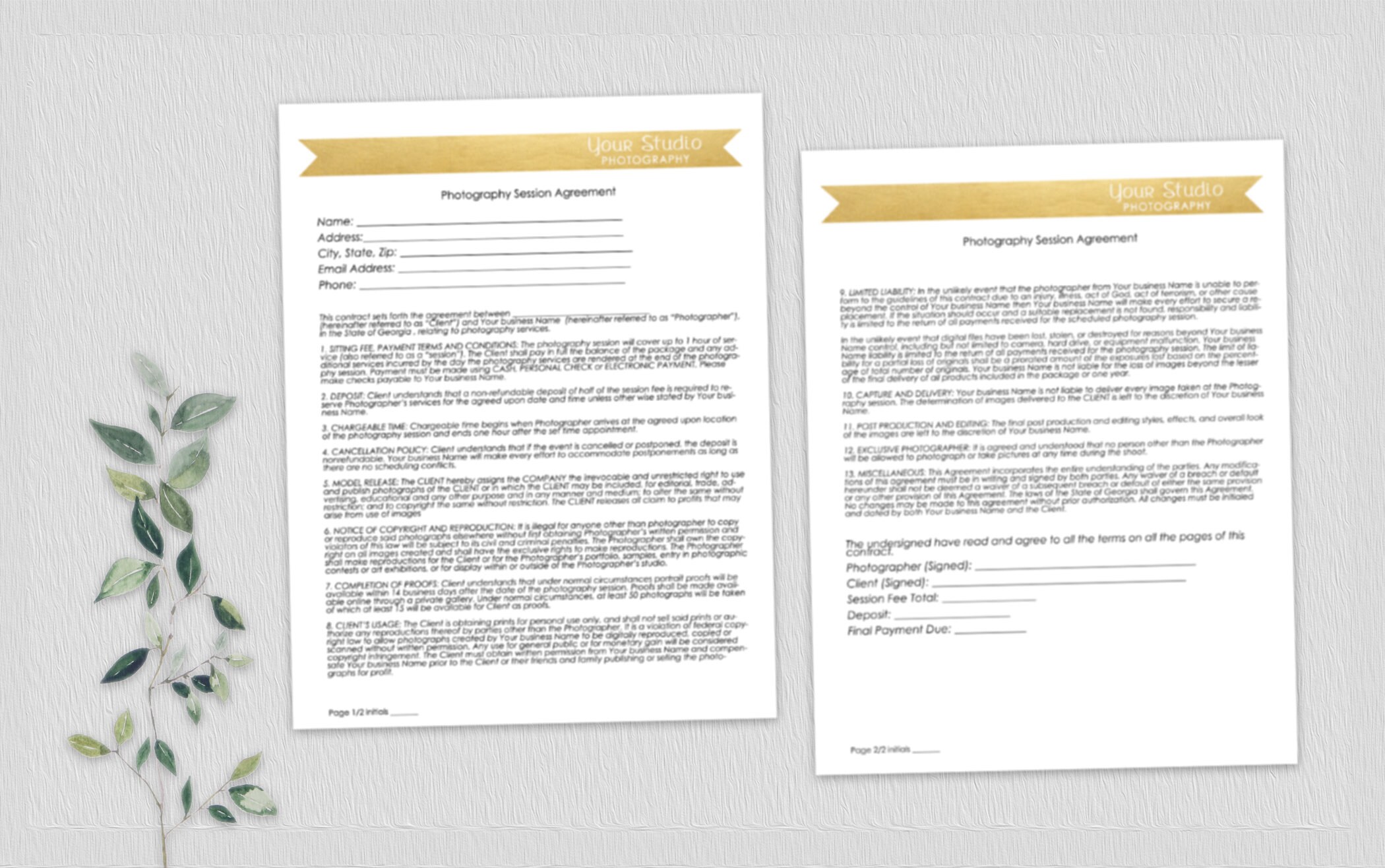 Photography Contract, Model Release, Portrait Session Contract Template ...