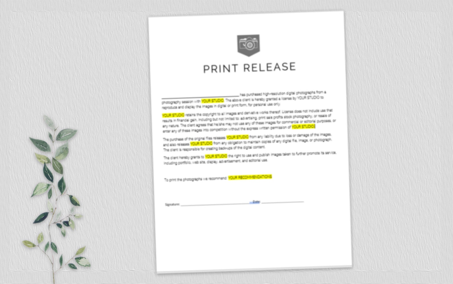 Photography Print Release Template, Photographer Form Template ...