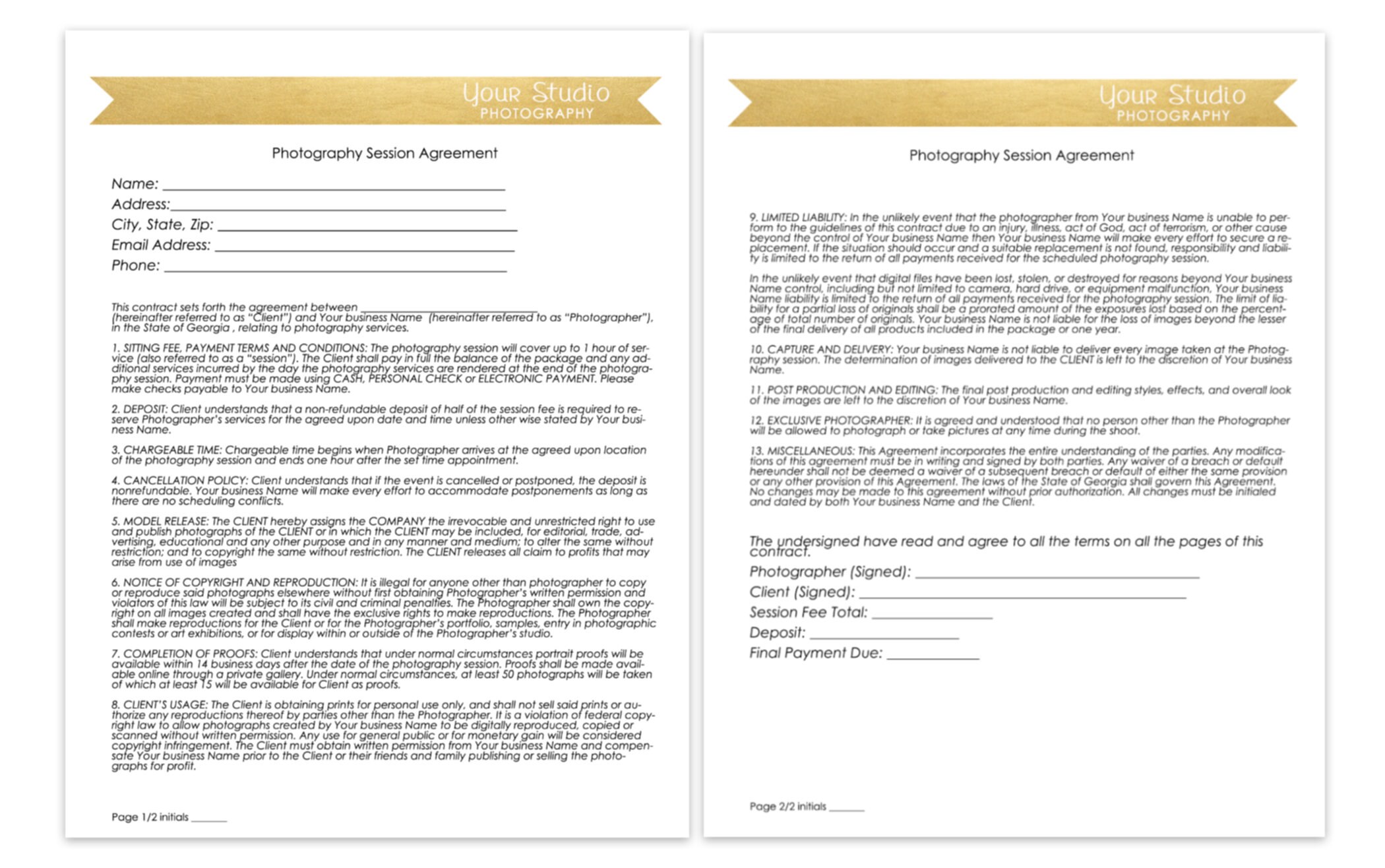 Photography Contract, Model Release, Portrait Session Contract Template ...