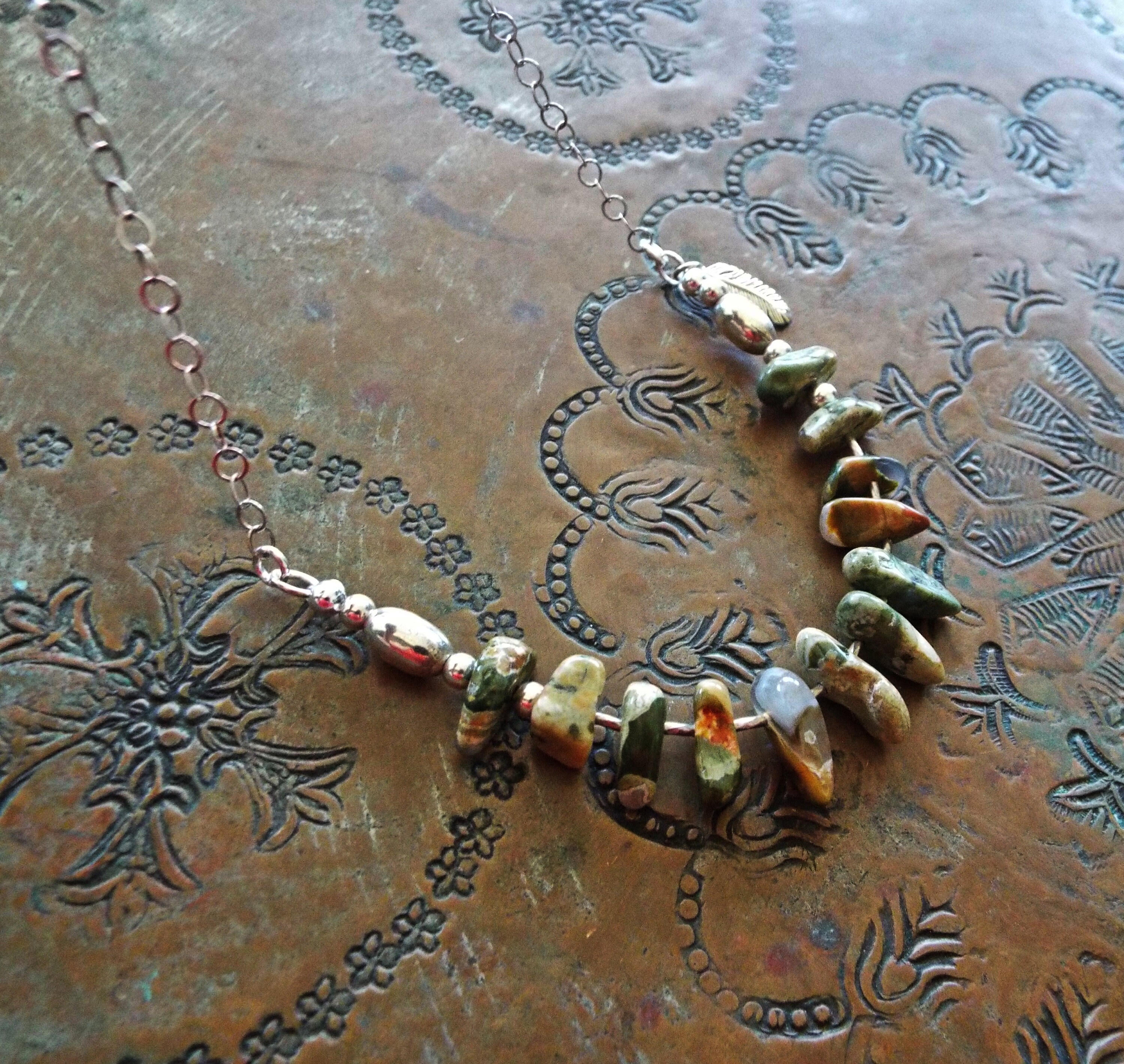 Rhyolite Rainforest Jasper Gemstone Necklace Sterling Silver Feather ...