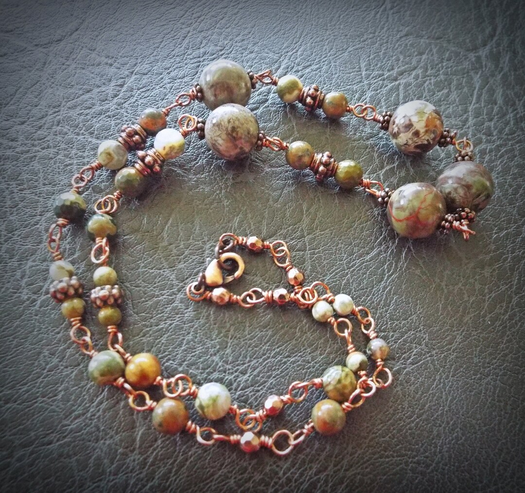 Artisan Boho Rhyolite Rainforest Jasper Gemstone Necklace Copper 20 ...