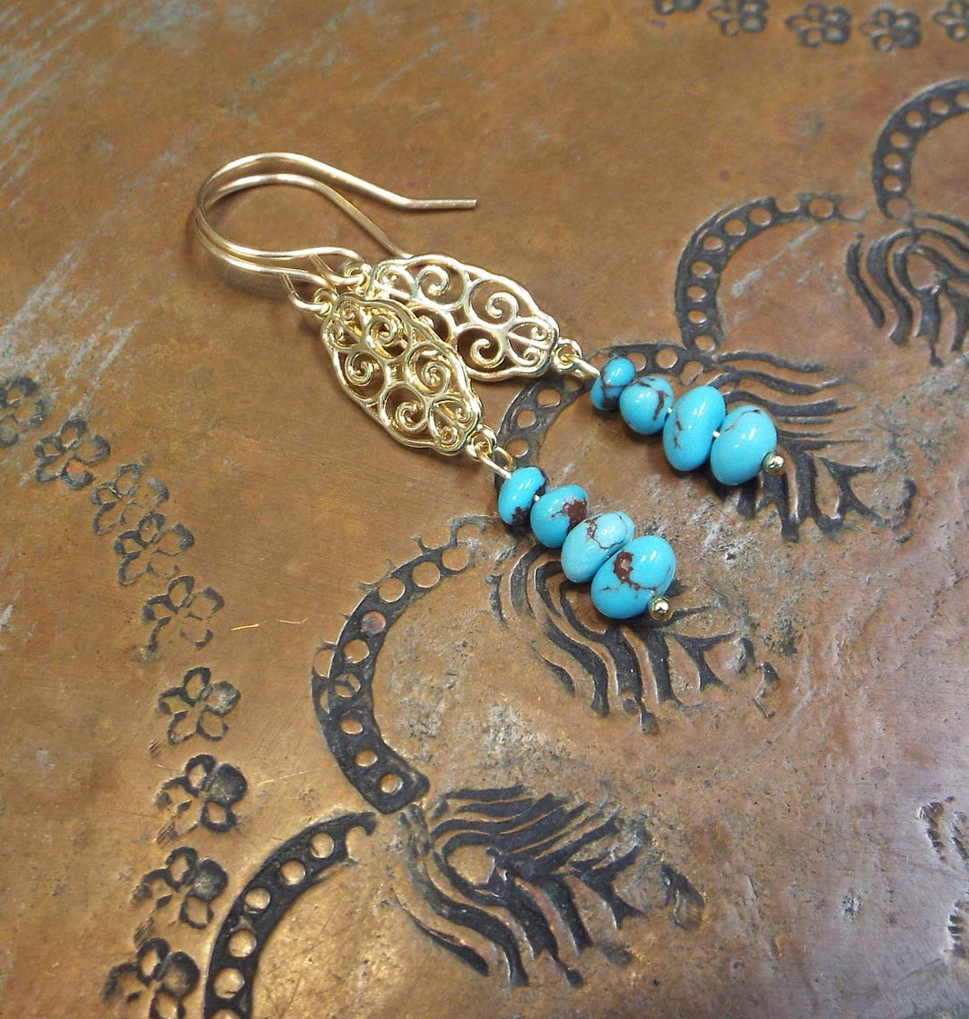 Artisan Egyptian Sinai Peninsula Turquoise Earrings 14K Gold Filled Ear ...