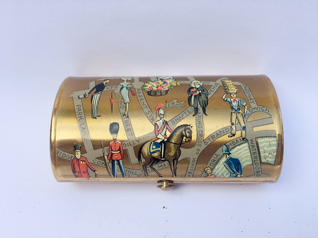 Vintage Kigu Powder Compact Barrel Shape London Street Map Scenes of ...