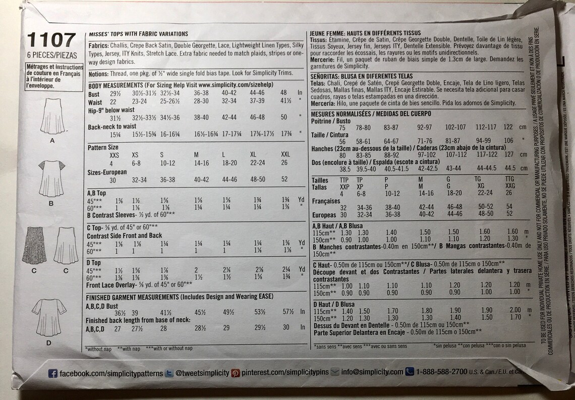 Misses Tops Sewing Pattern Simplicity 1107 Sizes XXS-XXL New | Etsy