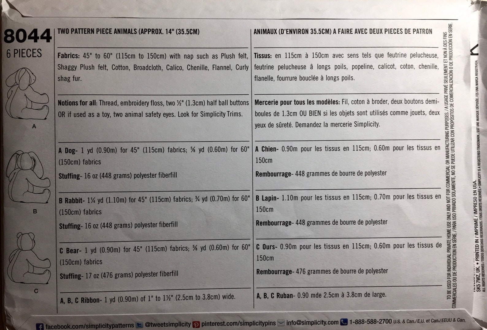 Plushie Sewing Pattern Bunny Bear Dog Simplicity 8044 New - Etsy