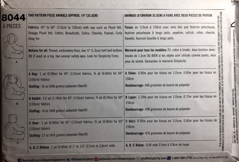 Plushie Sewing Pattern Bunny Bear Dog Simplicity 8044 New - Etsy