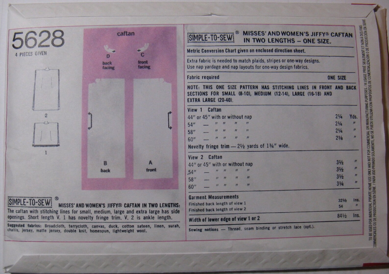 1970's Caftan Sewing Pattern Simplicity 5628 Reprint of - Etsy