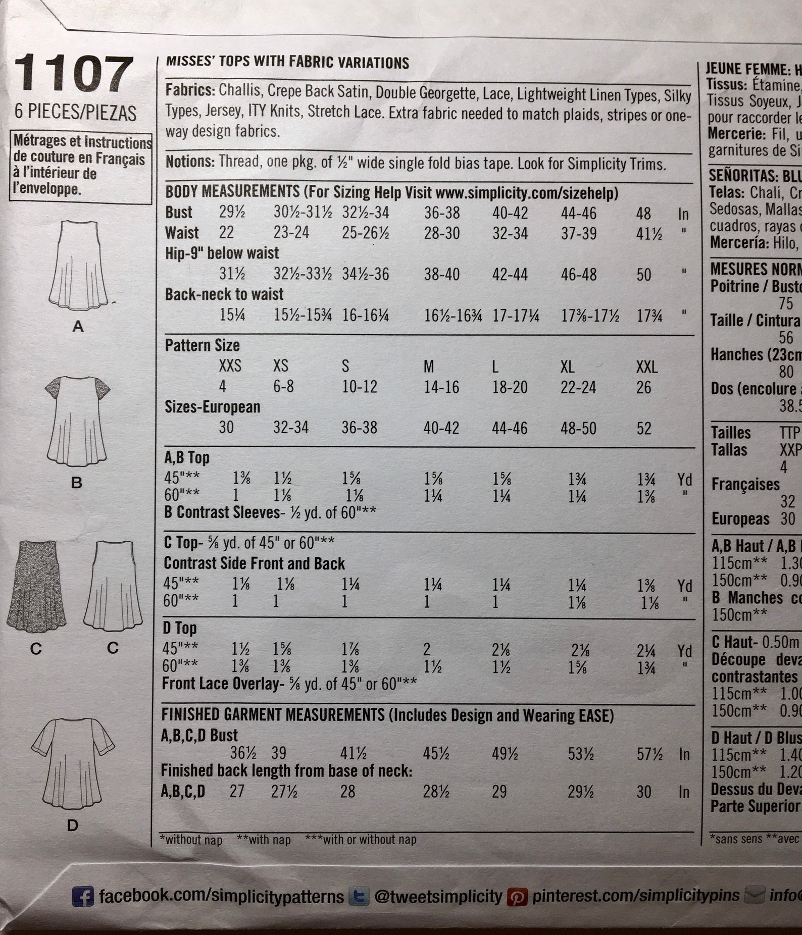 Misses Tops Sewing Pattern Simplicity 1107 Sizes XXS-XXL New | Etsy