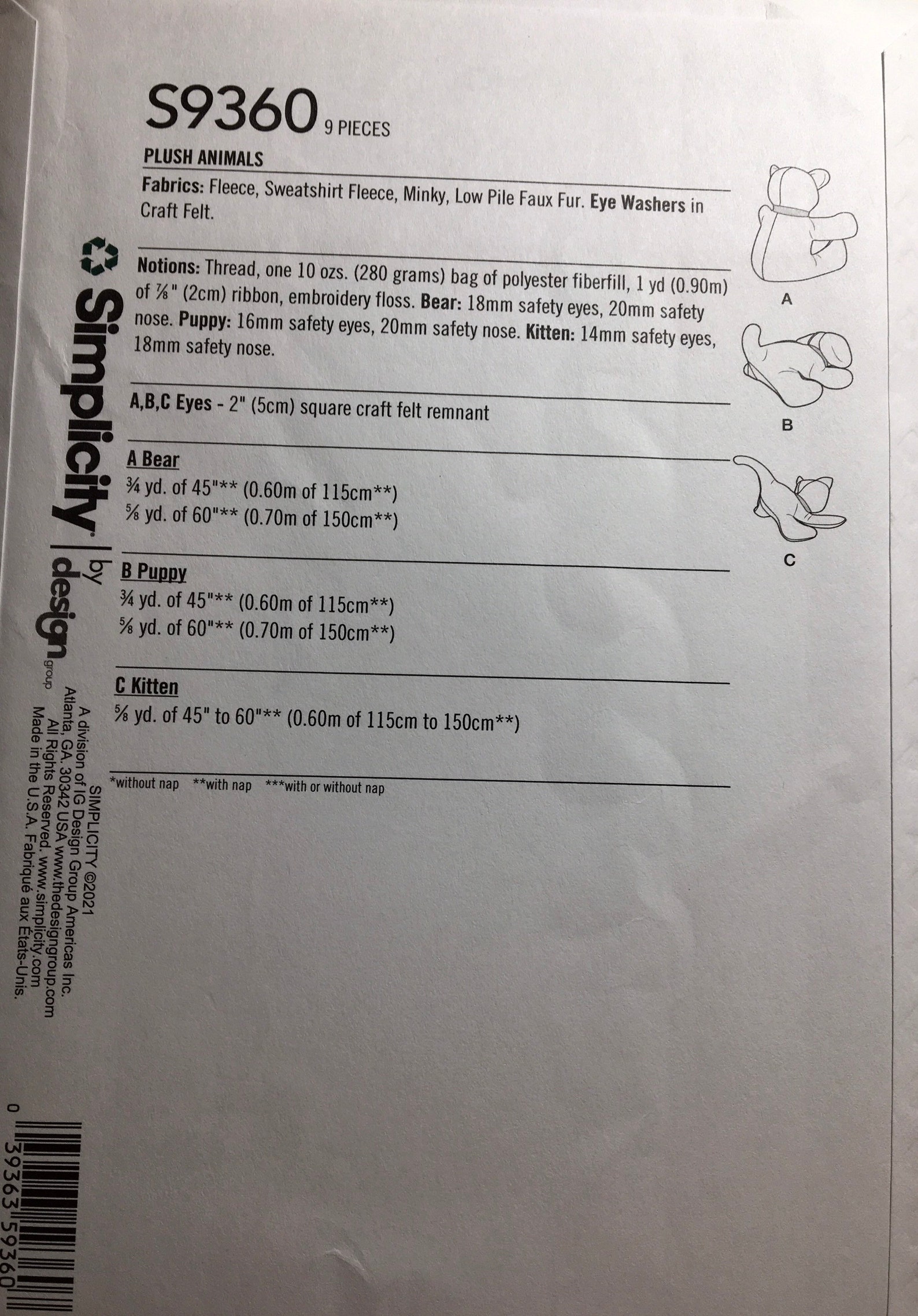 Plush Animals Sewing Pattern Simplicity S9360 Bear Puppy and - Etsy