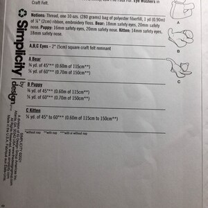 Plush Animals Sewing Pattern Simplicity S9360 Bear, Puppy and Kitten ...