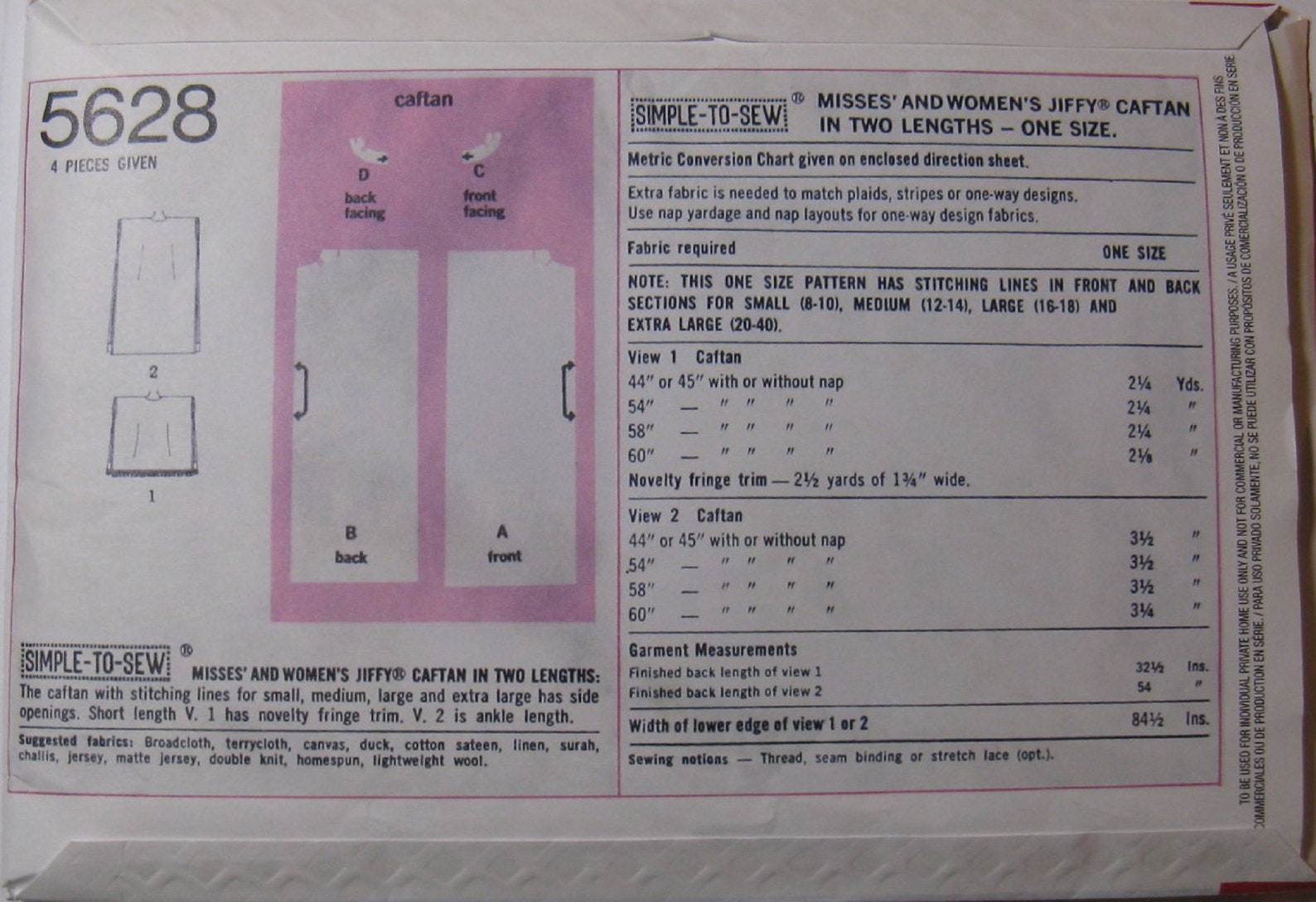 1970's Caftan Sewing Pattern Simplicity 5628 Reprint of - Etsy