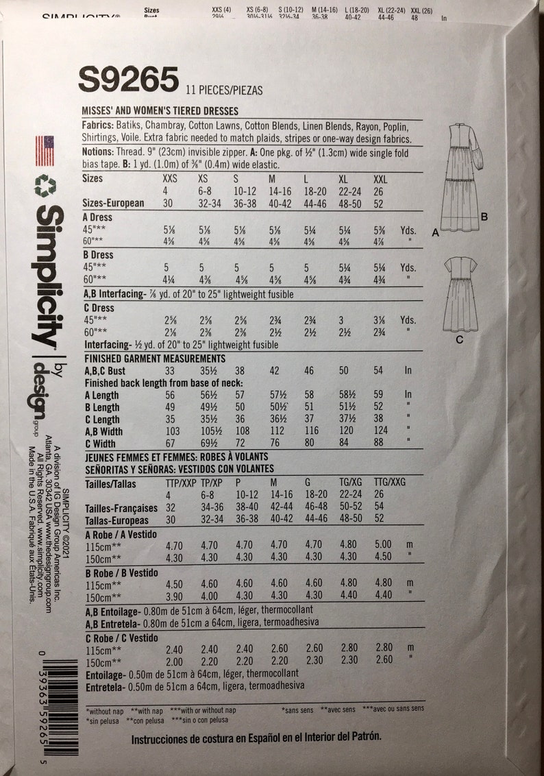 Womens Tiered Dresses Sewing Pattern Simplicity S9265/R10998 - Etsy