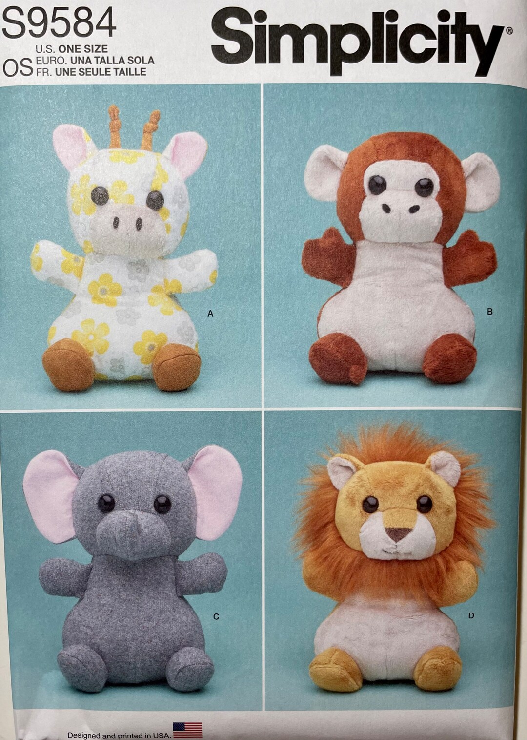 Plush Animals Sewing Pattern Simplicity S9584 7 1/2 Inches Tall New and ...