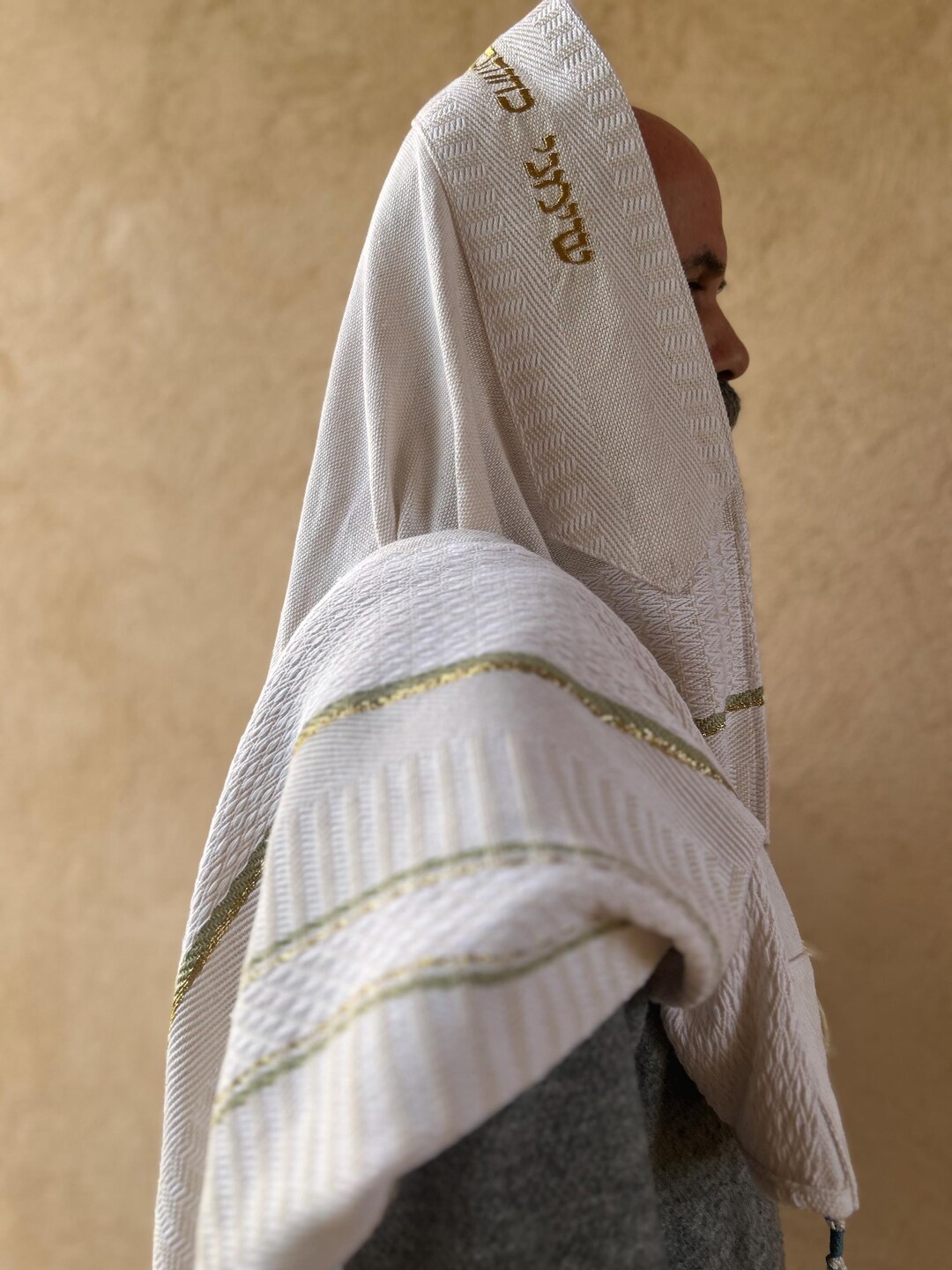 Handwoven Cotton Tallit Prayer Shawl, White Green Tallit, Handwoven ...