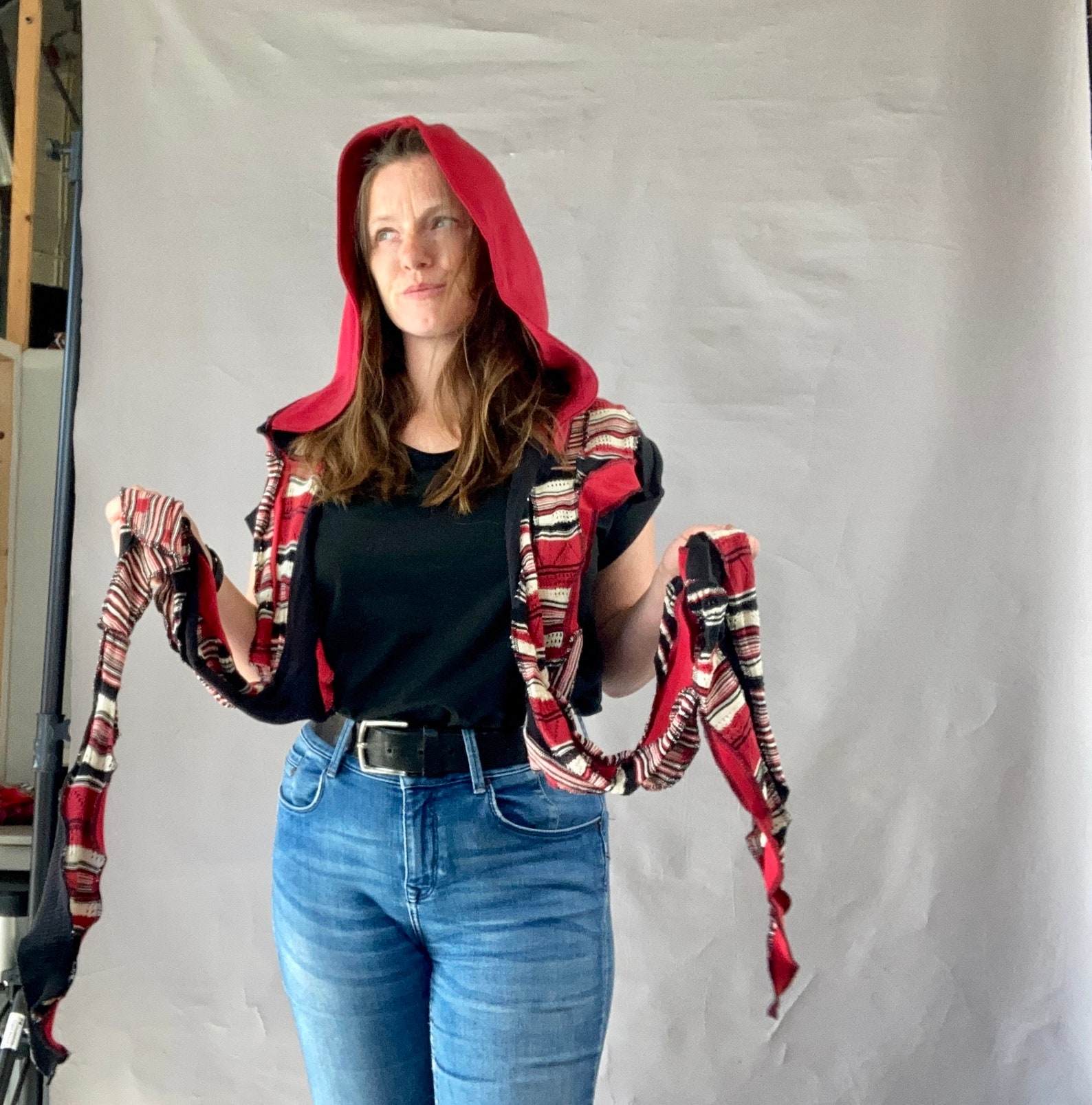 Upcycled Hooded Shawl, Red and Black, Organic Oversized Hoody Scarf ...