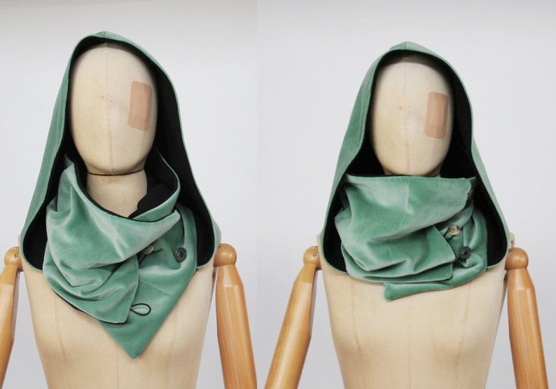 Green Hooded Cowl Victorian XL Hood With Black Buttons Hood - Etsy