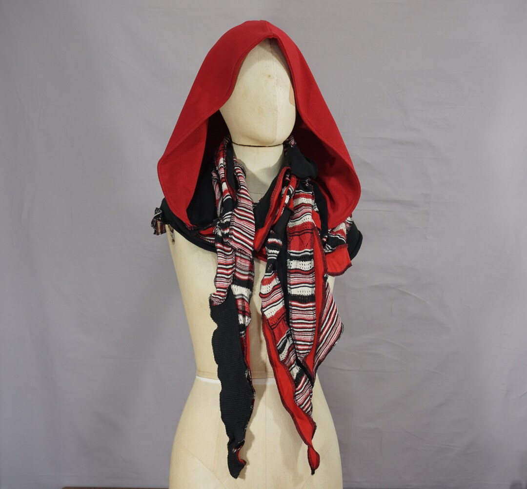 Upcycled Hooded Shawl, Red and Black, Organic Oversized Hoody Scarf ...