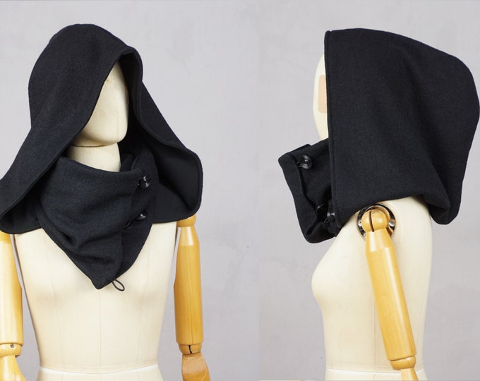 Black Hooded Cowl, Victorian XXL Hood, Scoodie, Hooded Scarf, Wool ...