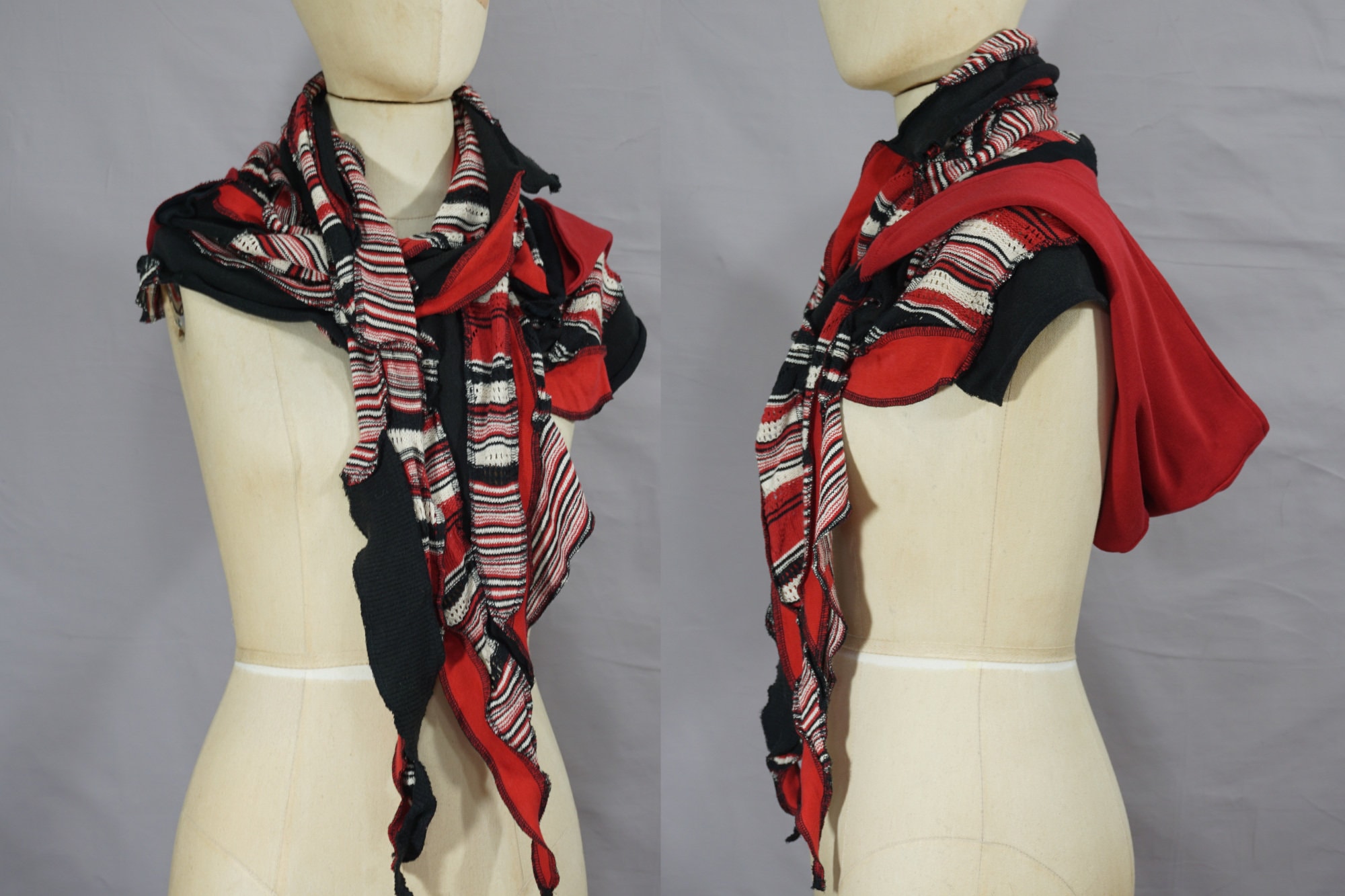Upcycled Hooded Shawl, Red and Black, Organic Oversized Hoody Scarf ...