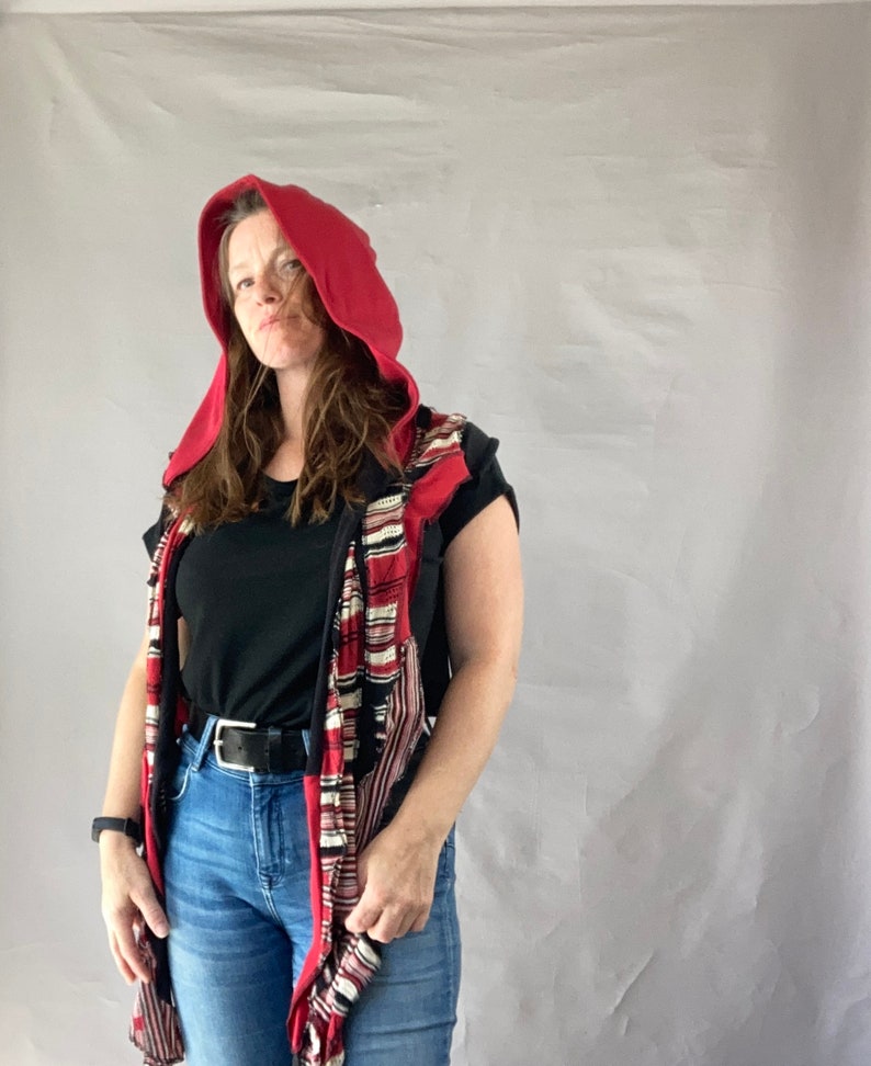 Upcycled Hooded Shawl, Red and Black, Organic Oversized Hoody Scarf ...