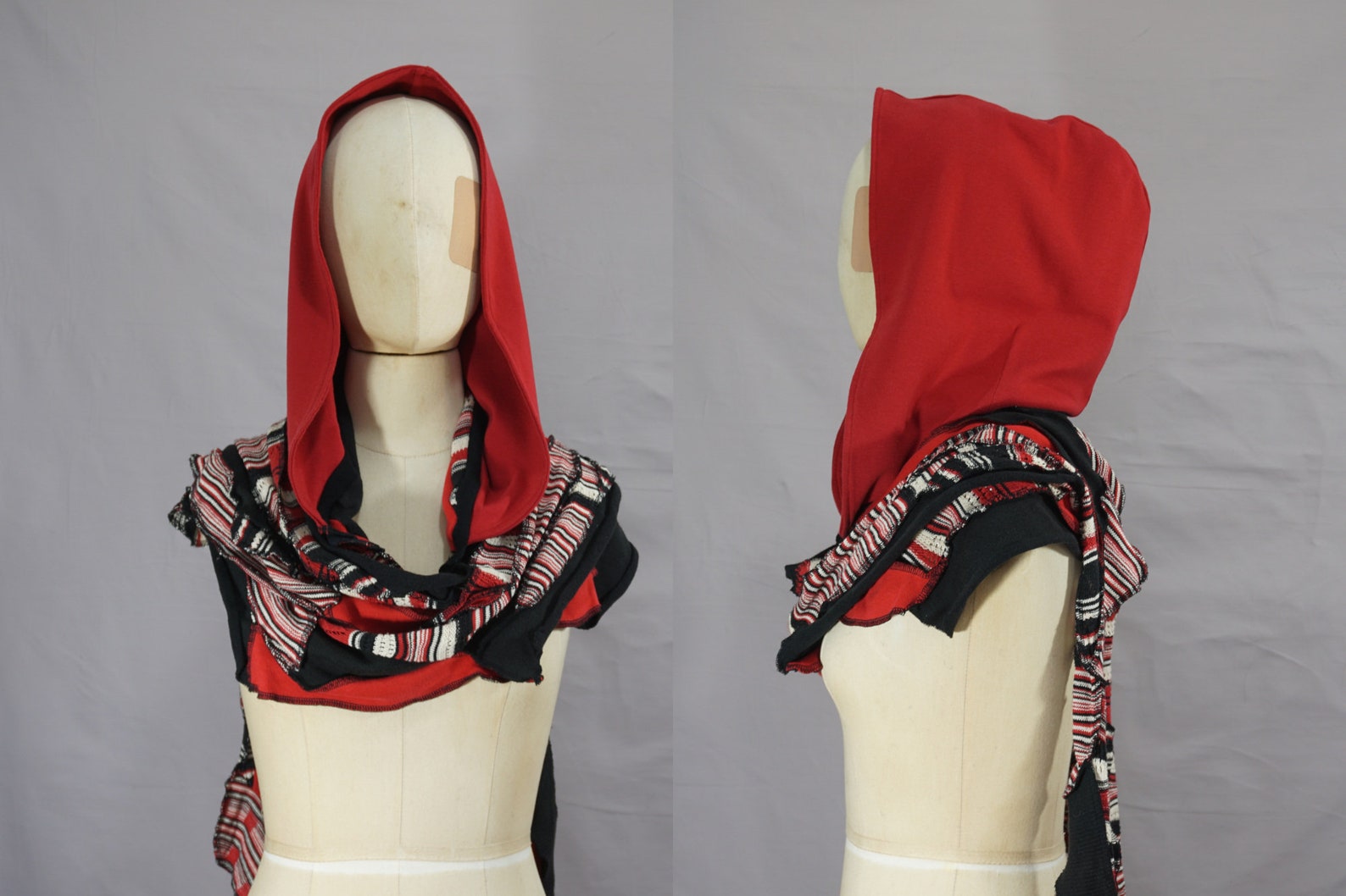 Upcycled Hooded Shawl, Red and Black, Organic Oversized Hoody Scarf ...