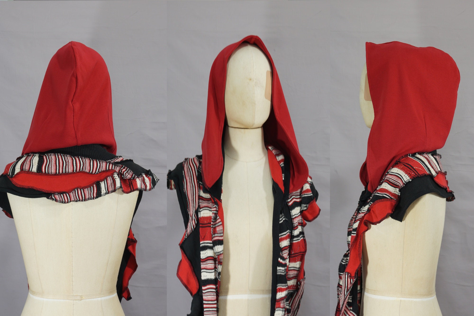 Upcycled Hooded Shawl, Red and Black, Organic Oversized Hoody Scarf ...