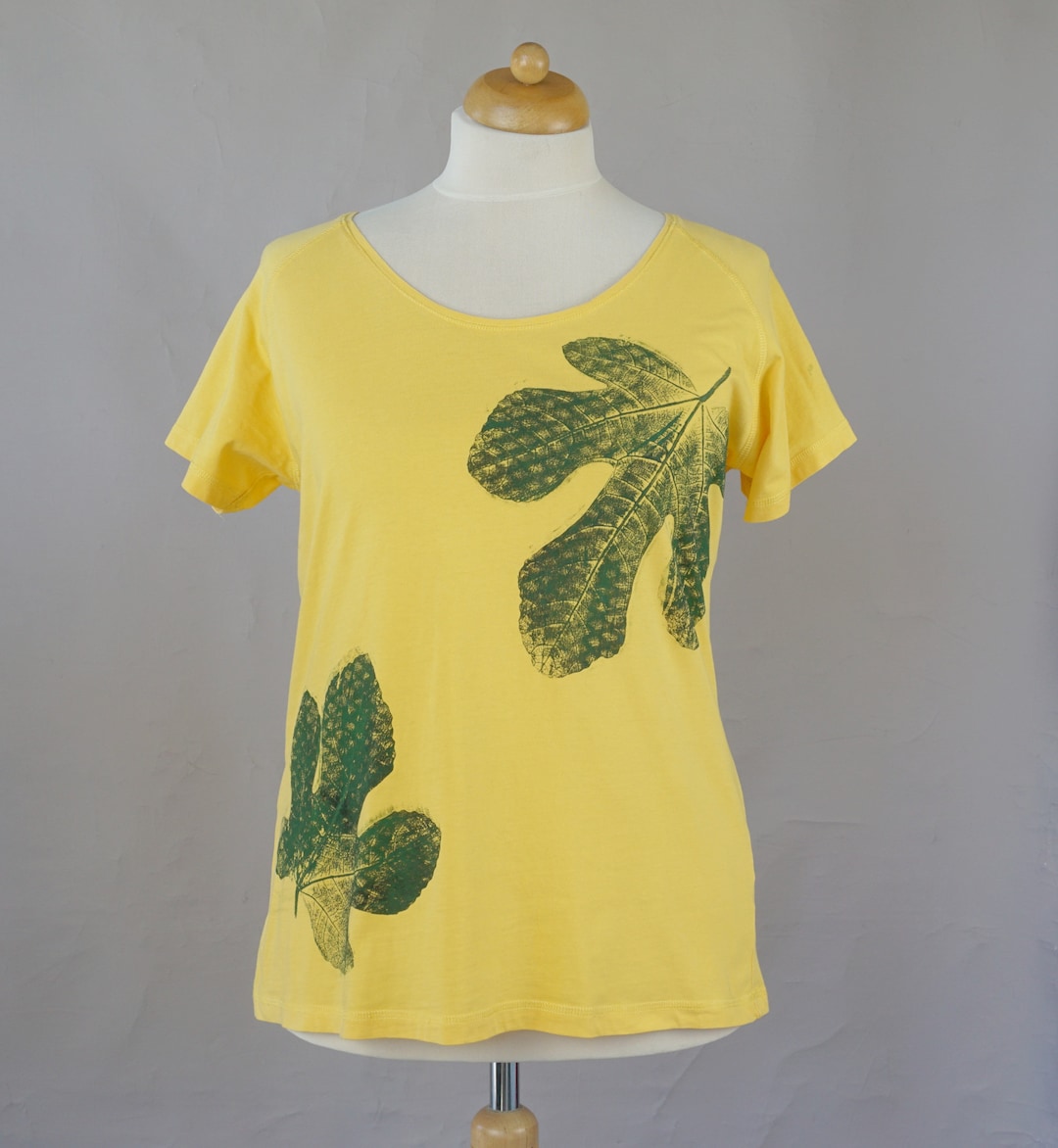 Upcycled Fig Leaf Print Shirt: Yellow Botanical Top, L/XL - Etsy