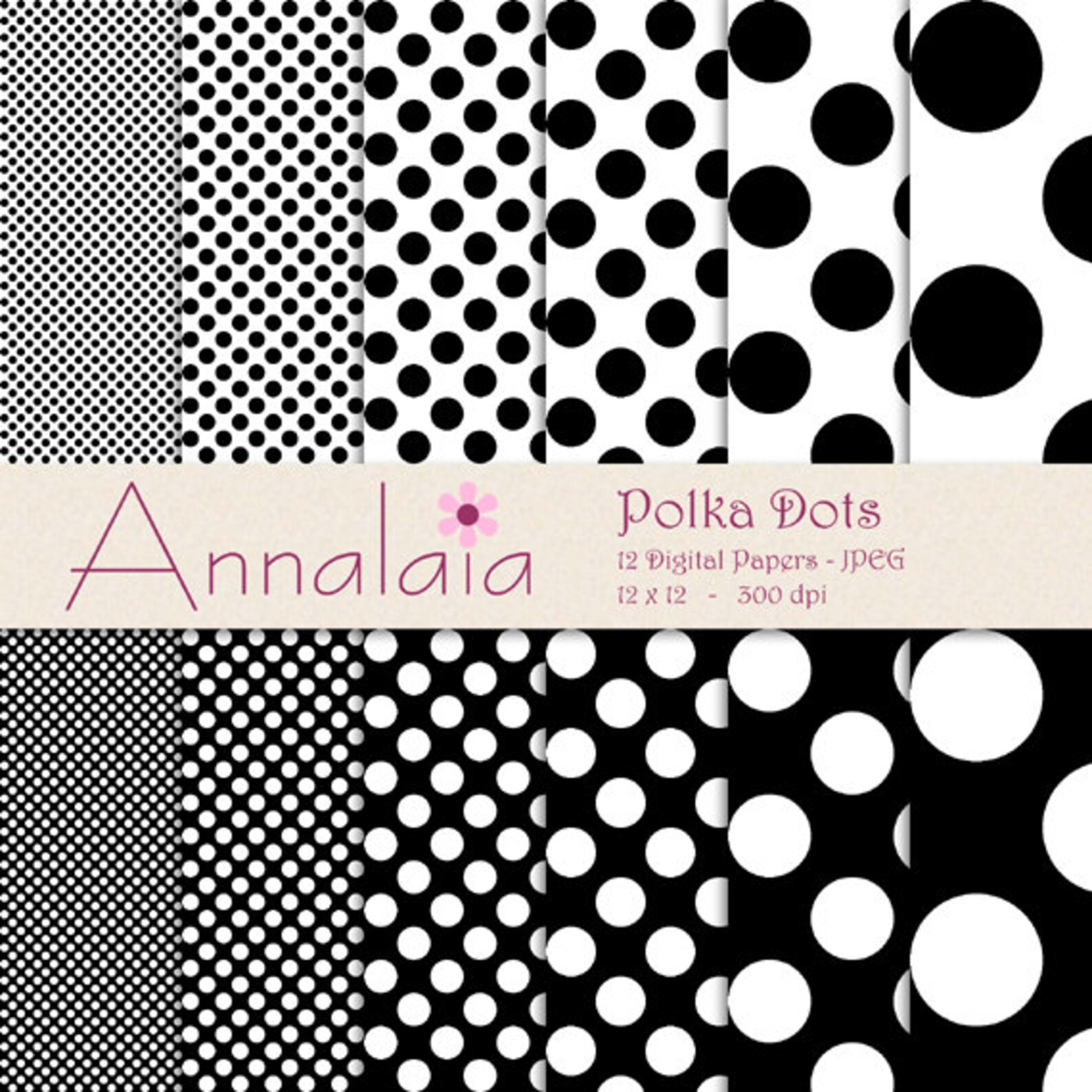 Black Digital Paper Pack Black and White Polka Dots Printable Scrapbook ...