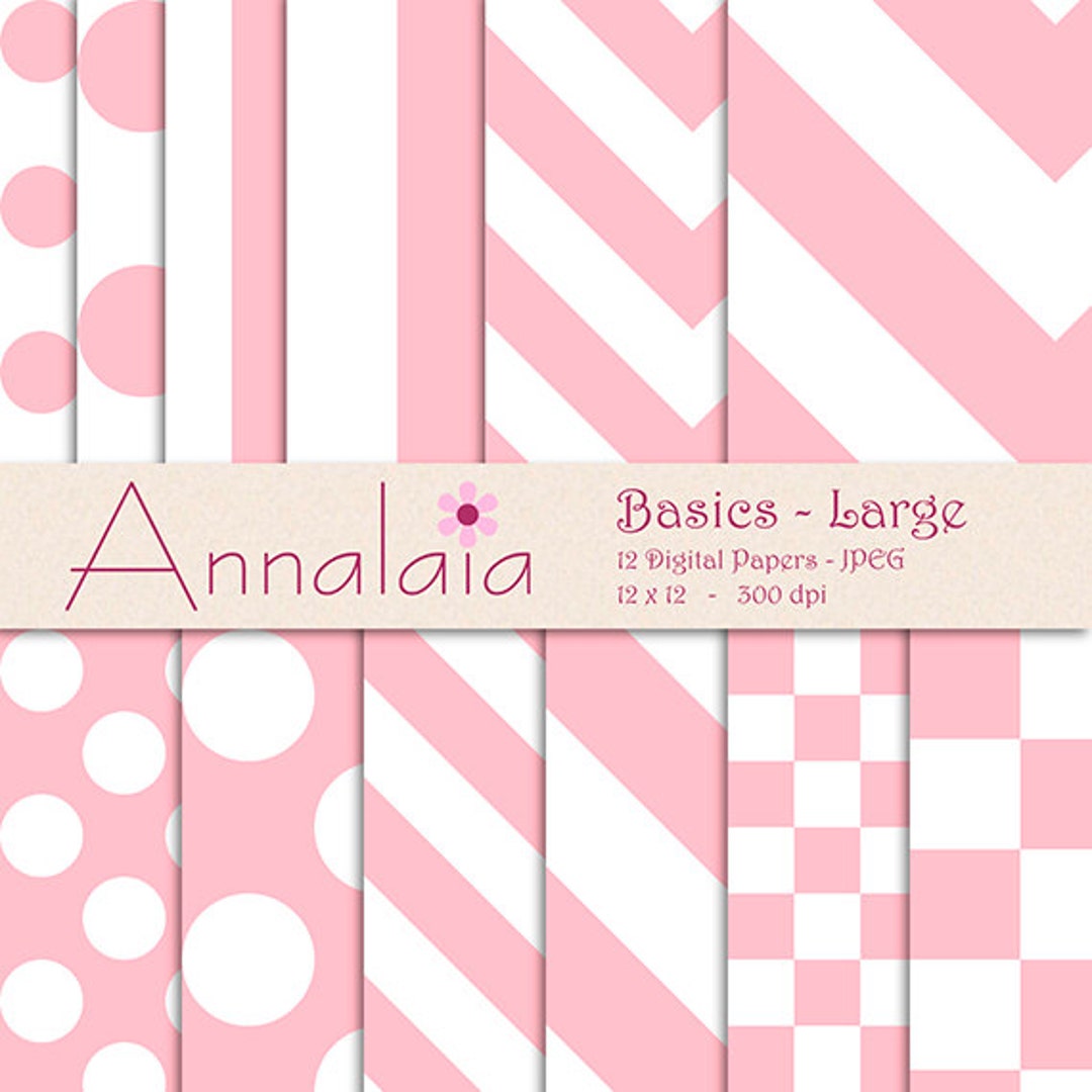 Digital Paper Pack Pink and White Dots Stripes Chevron Checks Large ...