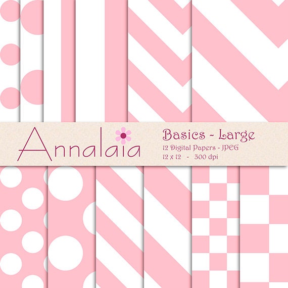 Digital Paper Pack Pink and White Dots Stripes Chevron Checks Large ...