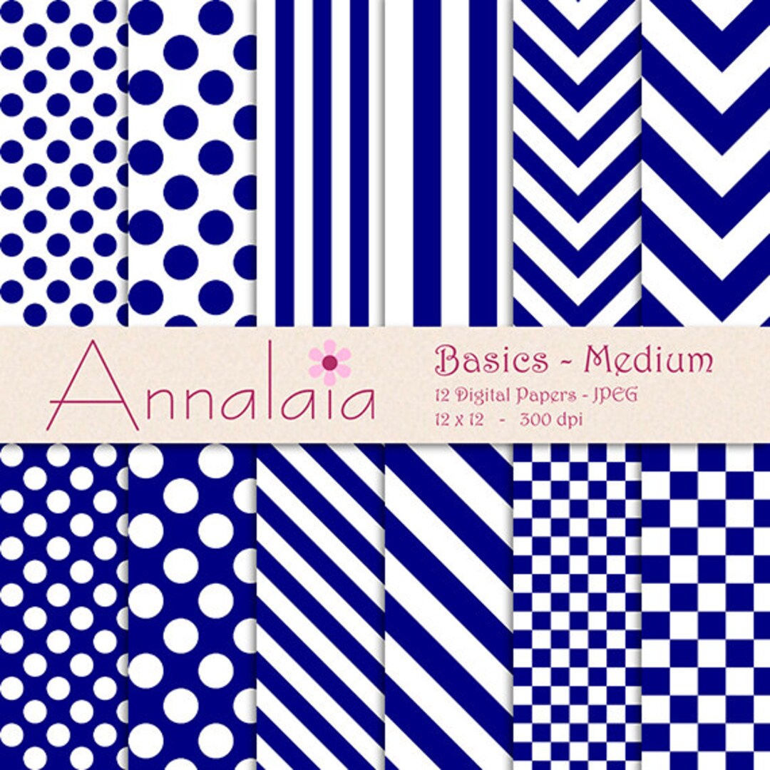 INSTANT DOWNLOAD Digital Paper Pack Navy Blue White Dots Stripes ...