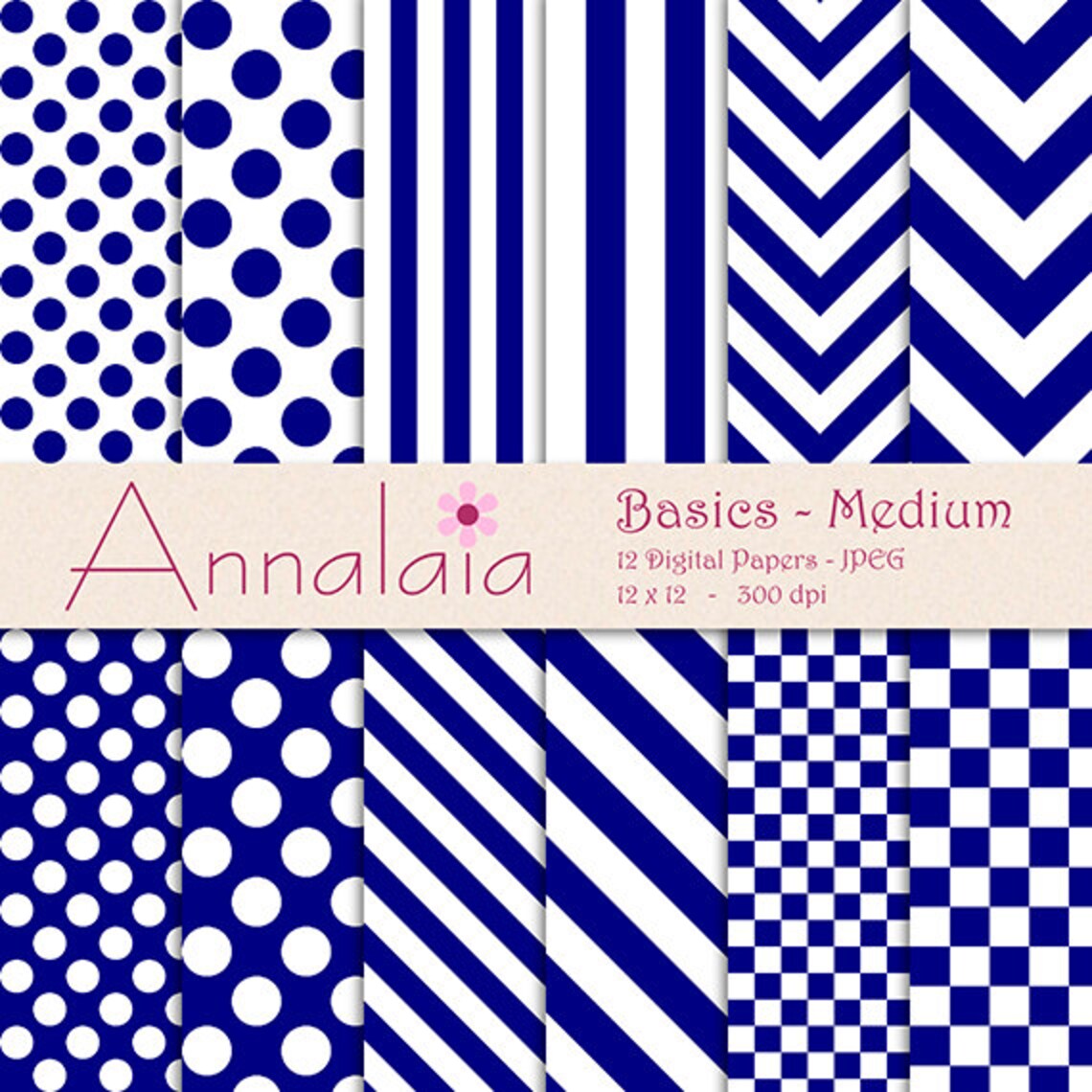 INSTANT DOWNLOAD Digital Paper Pack Navy Blue White Dots Stripes ...