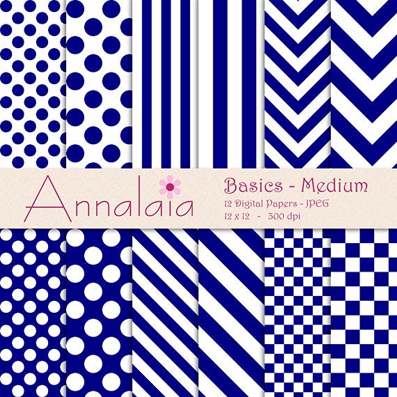 INSTANT DOWNLOAD Digital Paper Pack Navy Blue White Dots Stripes ...