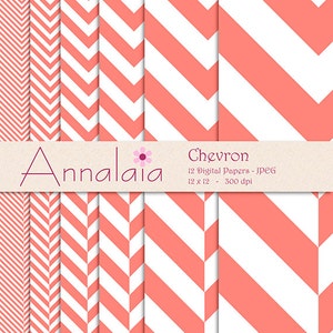 Digital Paper Pack Coral Pink and White Chevron Herringbone Zigzag ...