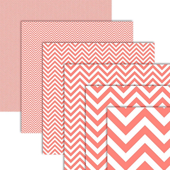 Digital Paper Pack Coral Pink and White Chevron Herringbone Zigzag ...