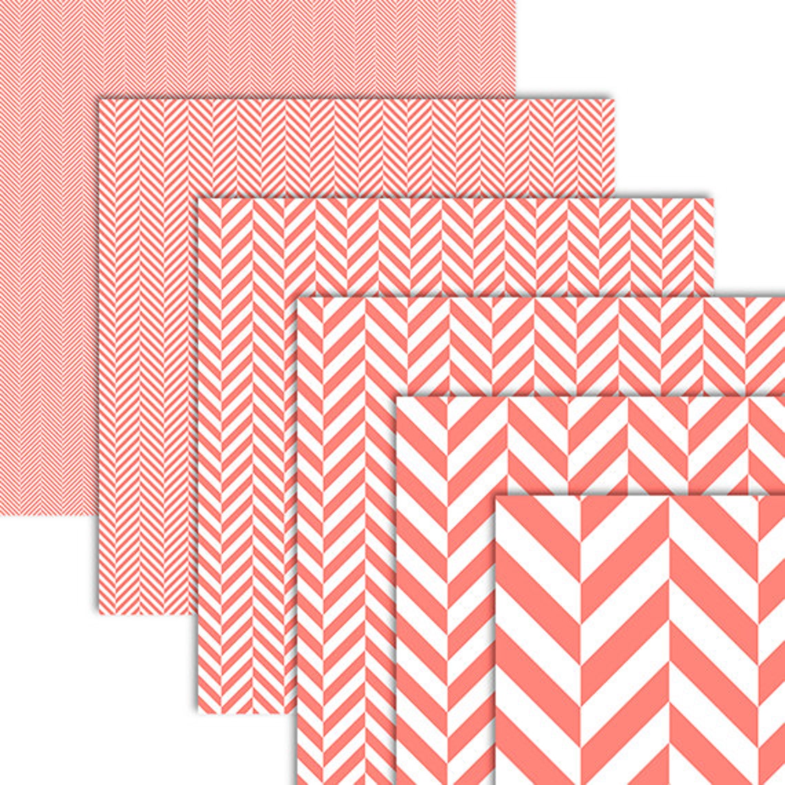Digital Paper Pack Coral Pink and White Chevron Herringbone Zigzag ...
