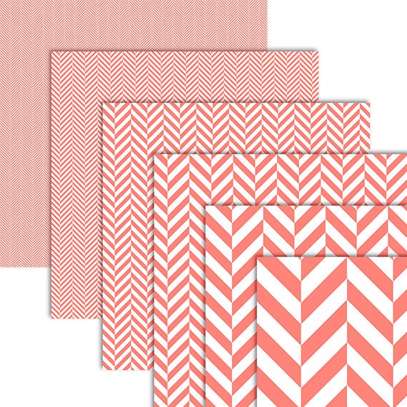 Digital Paper Pack Coral Pink and White Chevron Herringbone Zigzag ...