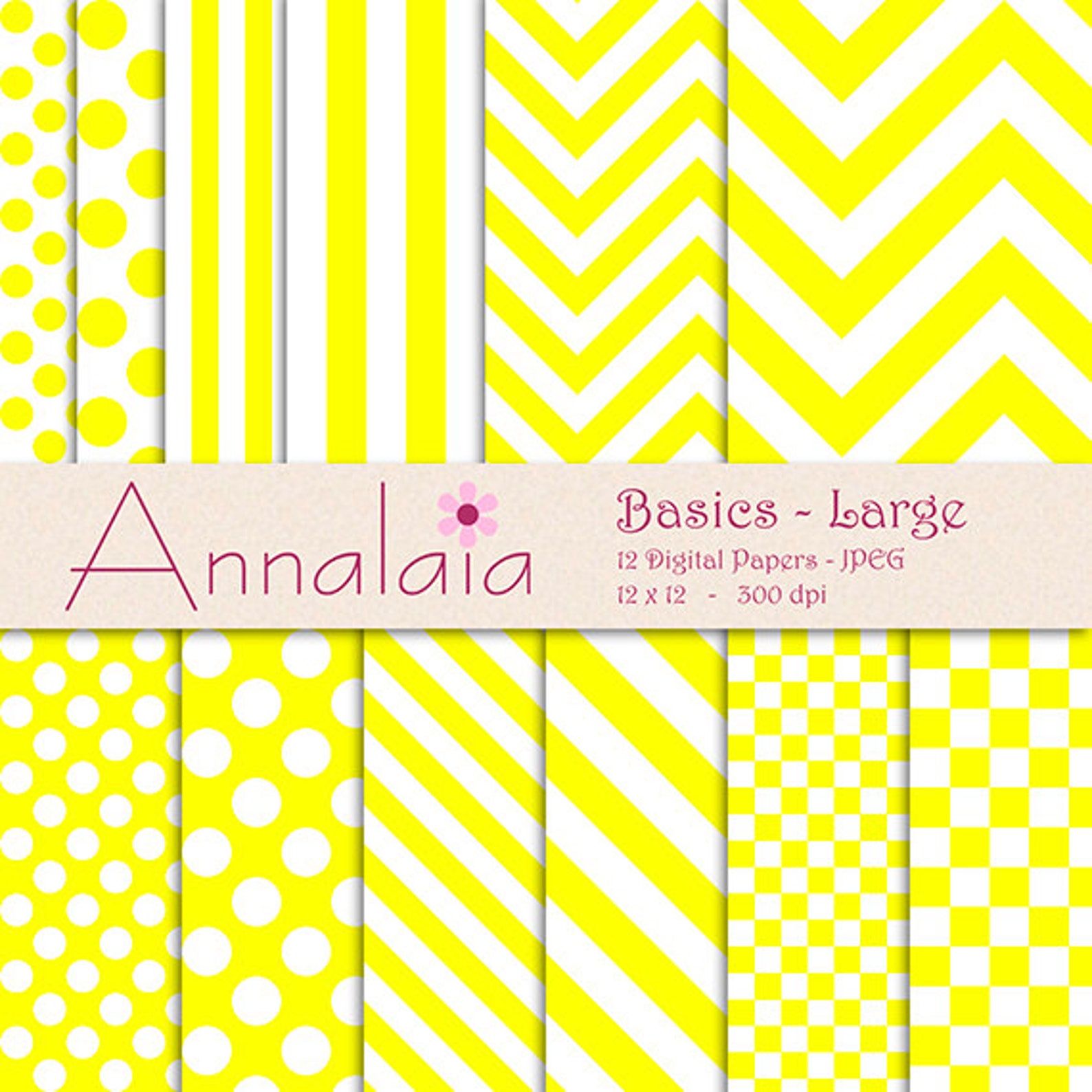 Yellow Digital Paper Pack Yellow White Dots Stripes Chevron Checks ...