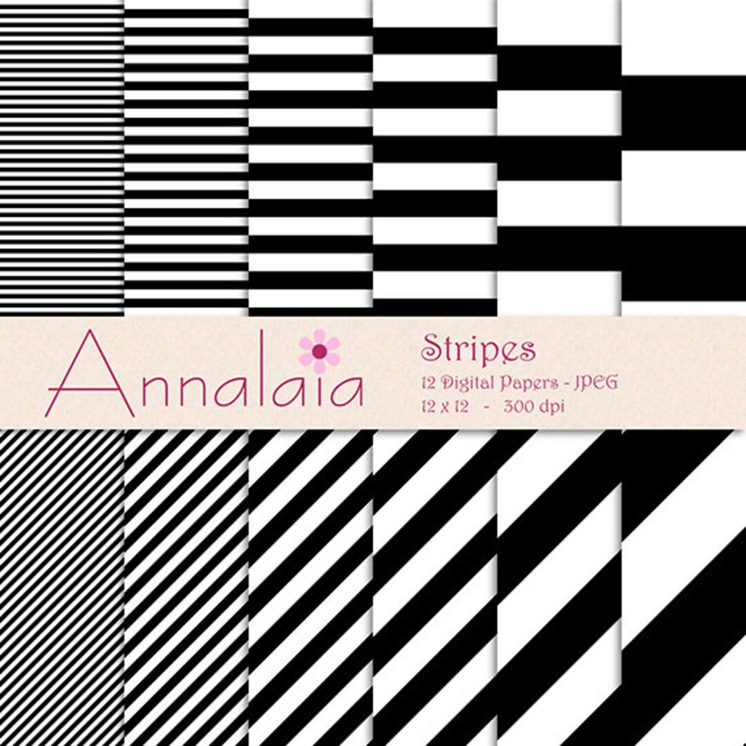 Digital Paper Pack Black White Horizontal and Diagonal Stripes Instant ...
