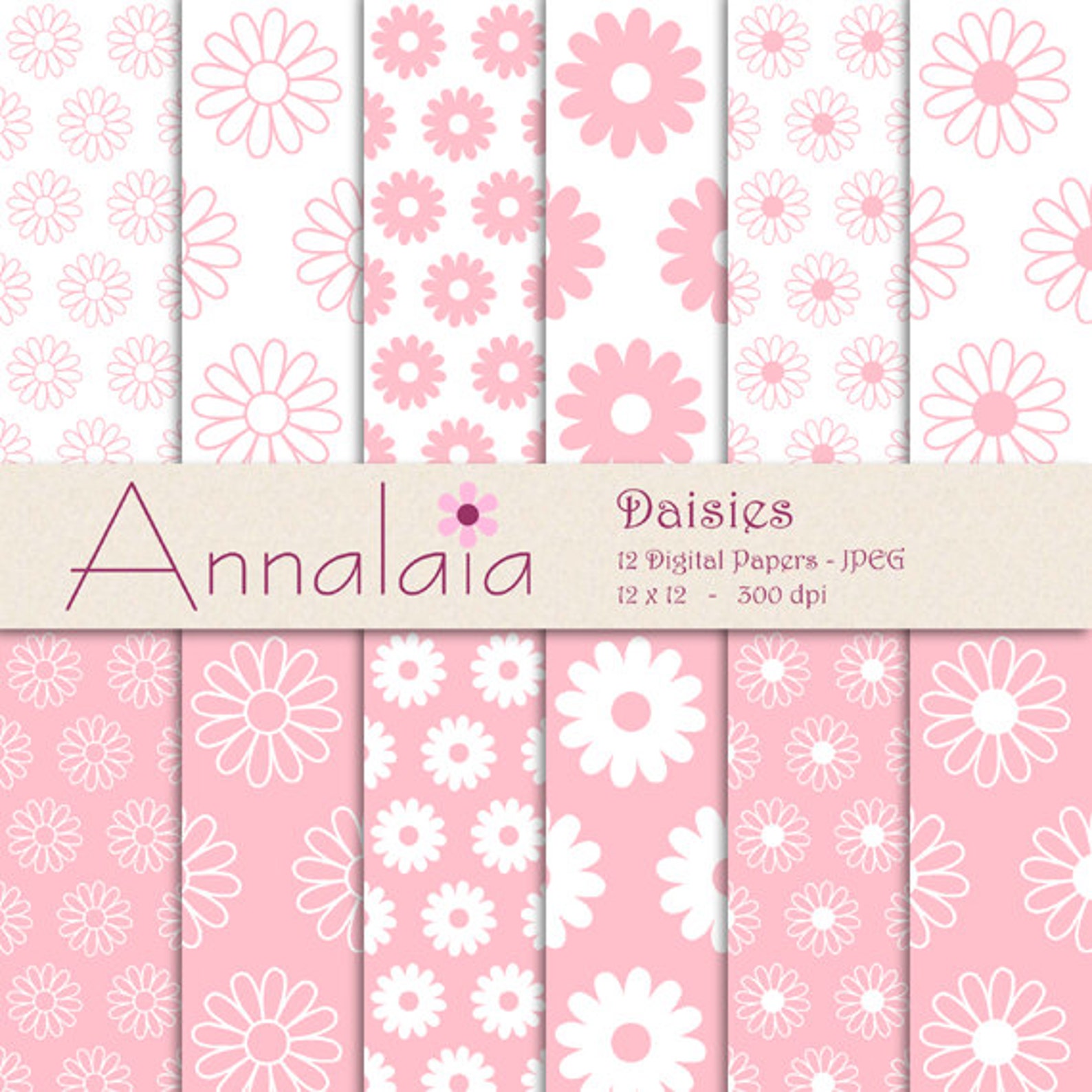 Floral Digital Paper Pack Pink Daisy Flowers Pink and White Scrapbook ...