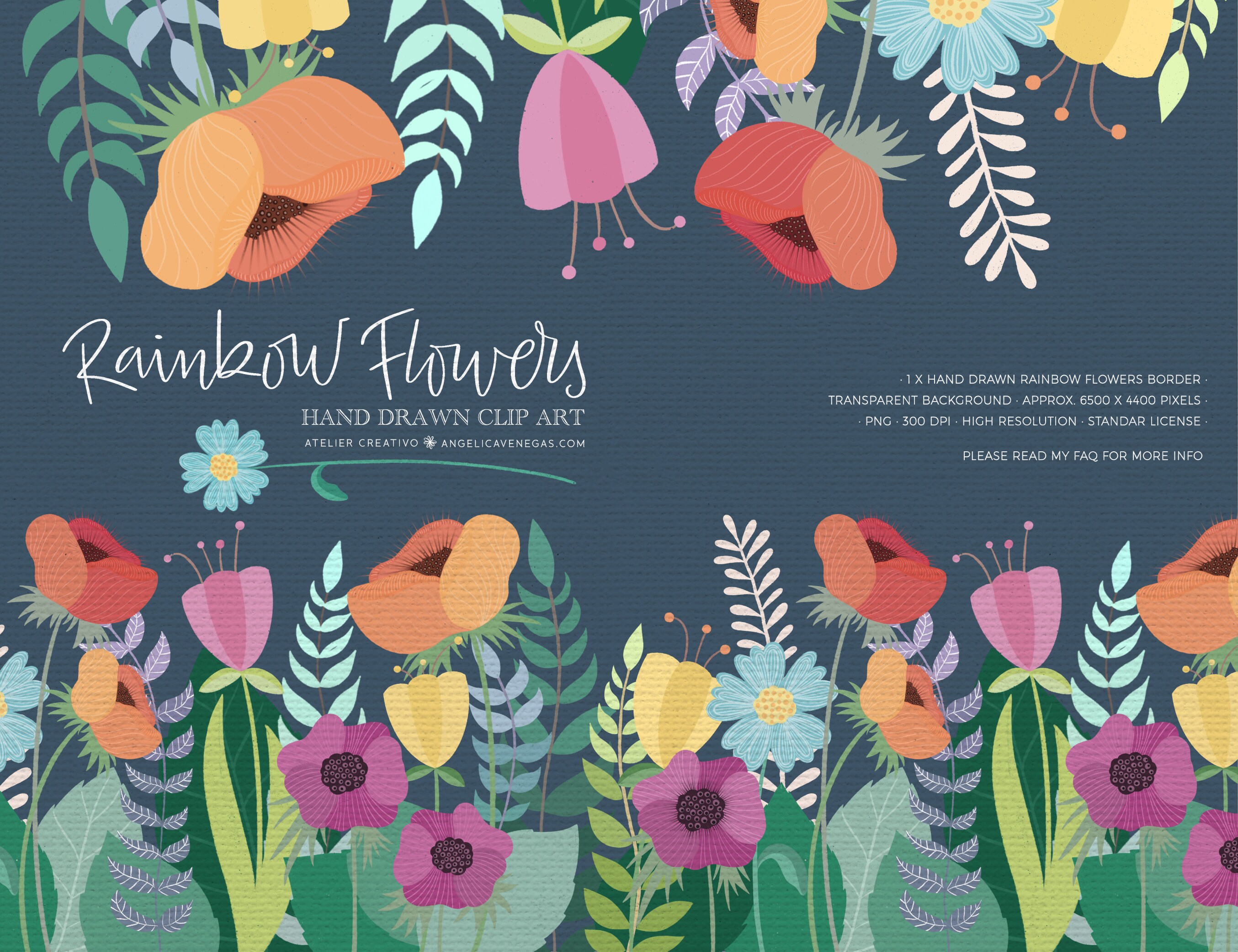 Hand-drawn Floral Border PNG: Rainbow Flowers Clipart (digital Download ...