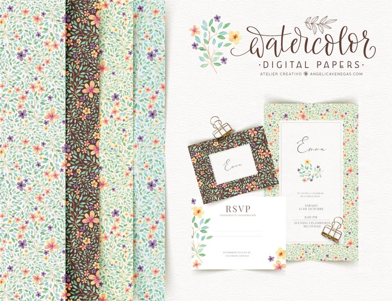 Spring Digital Paper, Hand Painted Flowers, Summer Digital Papers With ...