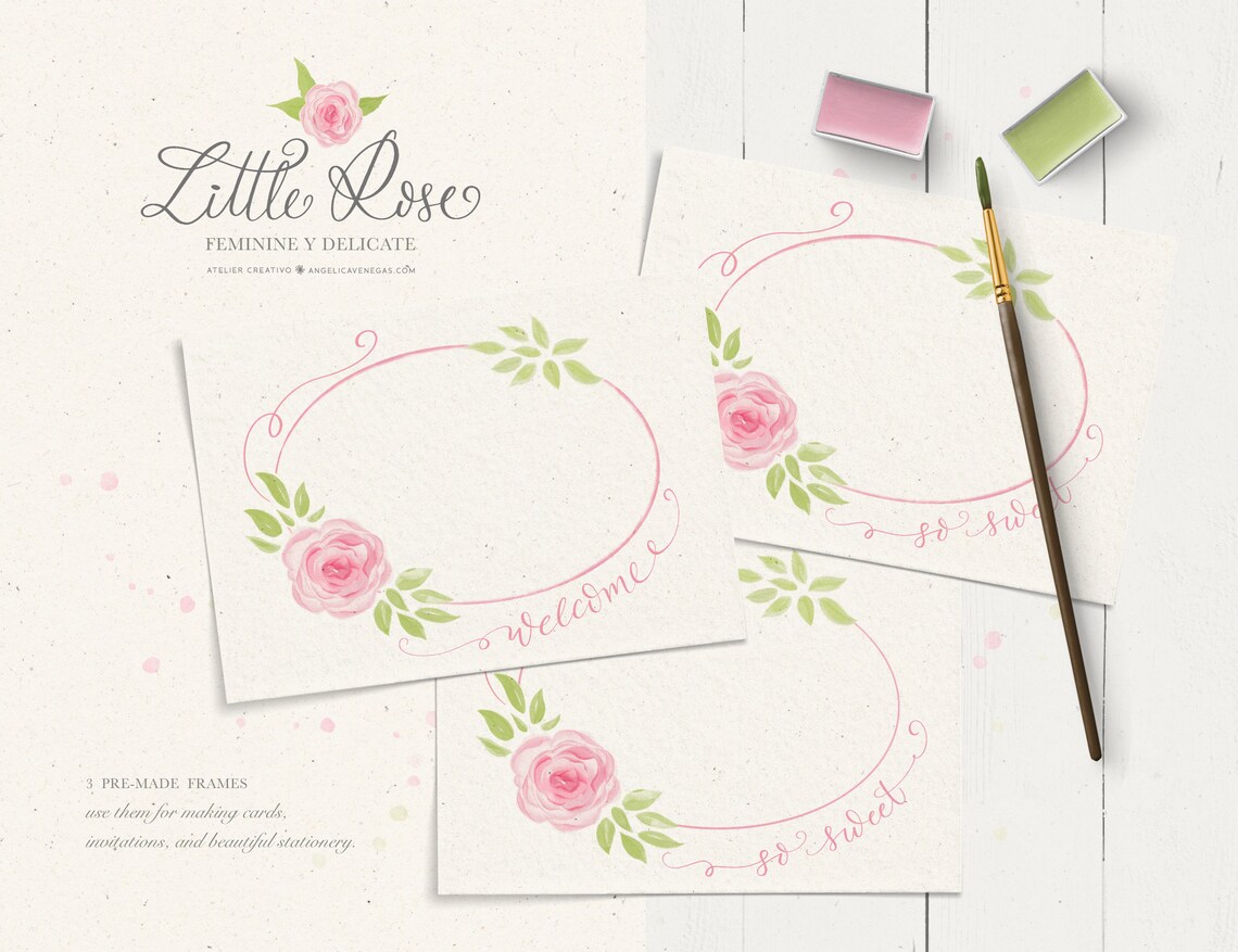 Hand Painted Pink Floral Frame Watercolor Rose Clipart Hand - Etsy