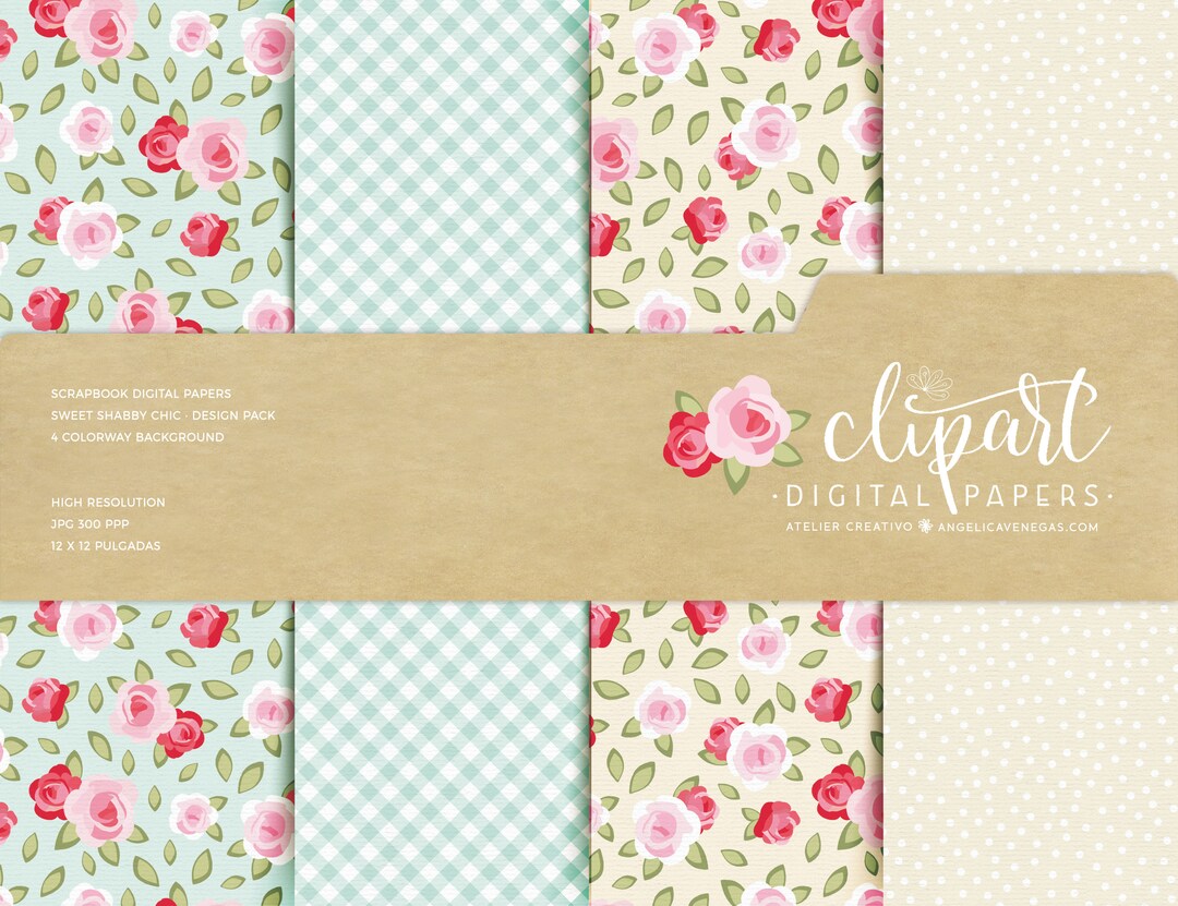 Shabby Chic Digital Paper Pack, Pink Roses, 12x12 Papers, Floral ...