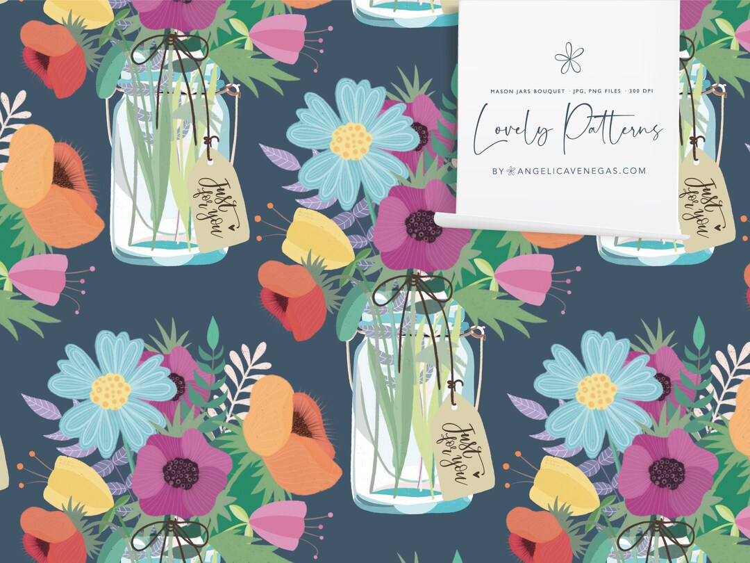 Colorful Mason Jar Arrangements Flowers Seamless Pattern, Wildflowers ...