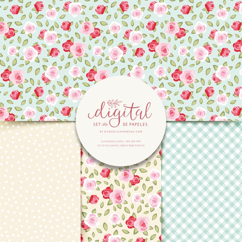 Shabby Chic Digital Paper Pack, Pink Roses, 12x12 Papers, Floral ...