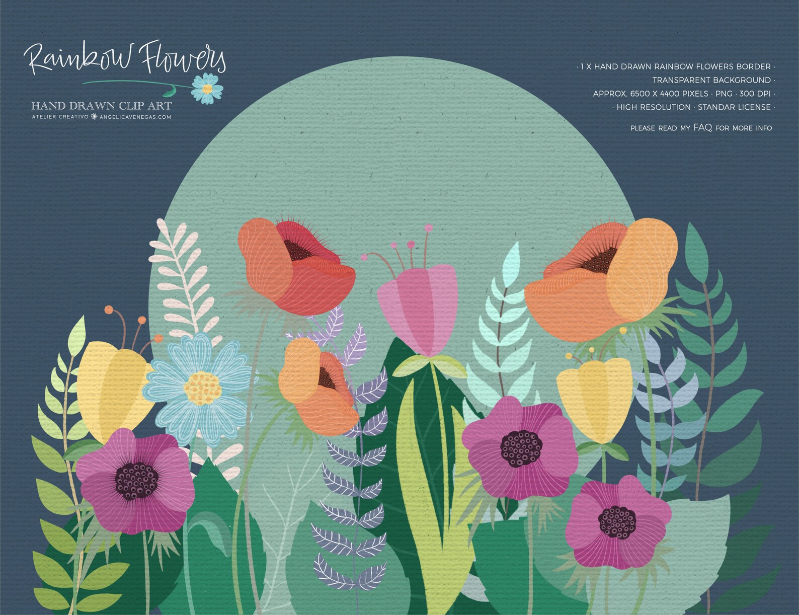 Hand-drawn Floral Border PNG: Rainbow Flowers Clipart (digital Download ...